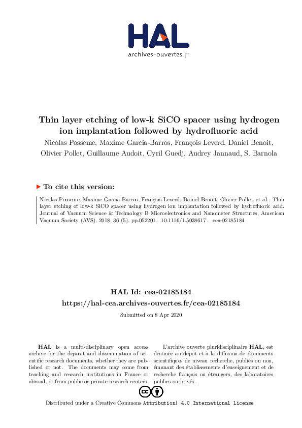 (PDF) Thin layer etching of low-k SiCO spacer using hydrogen ion ...