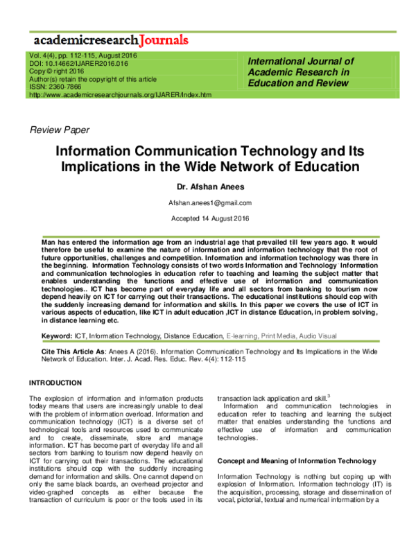 (PDF) Information Communication Technology and Its Implications in the Wide Network of Education
