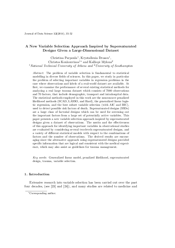 (PDF) A new variable selection approach inspired by supersaturated designs given a large ...