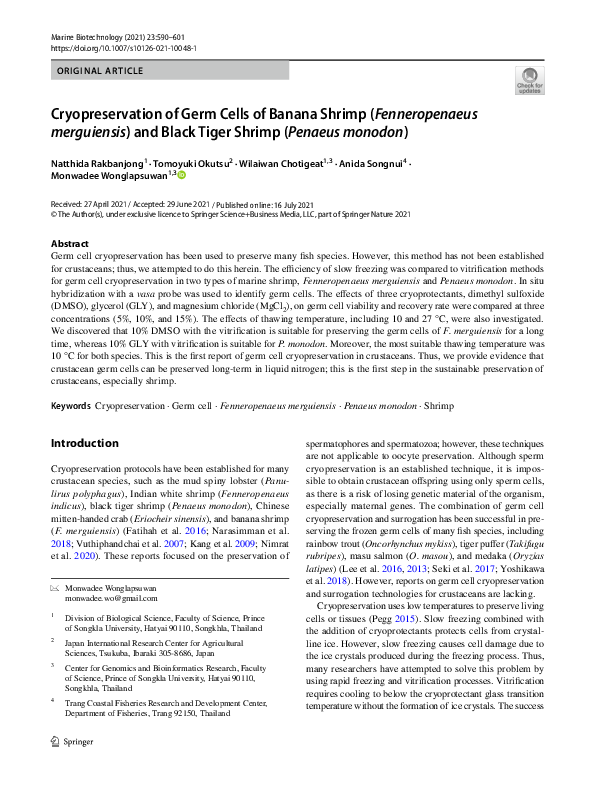 (PDF) Cryopreservation of Germ Cells of Banana Shrimp (Fenneropenaeus ...