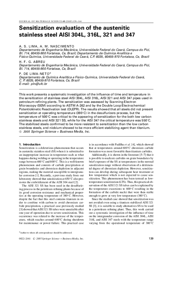 (PDF) Sensitization evaluation of the austenitic stainless steel AISI 304L, 316L, 321 and 347