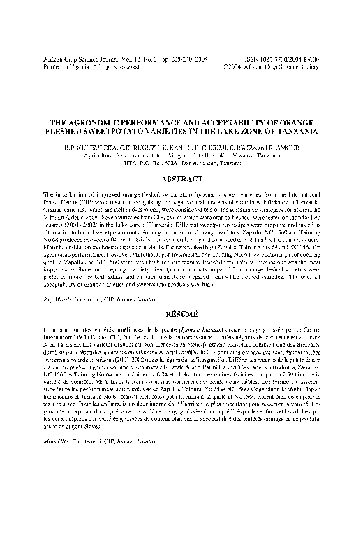 (PDF) The agronomic performance and acceptability of orange fleshed sweetpotato varieties in the ...