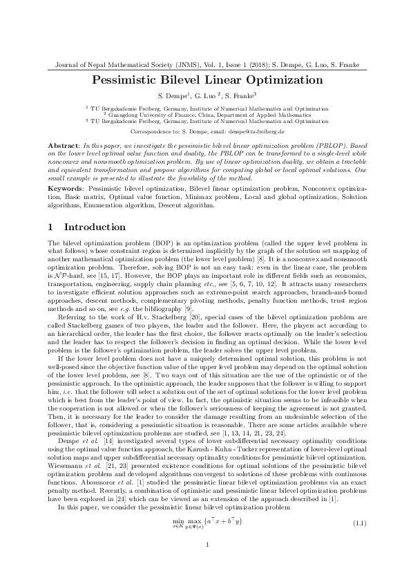 (PDF) Pessimistic Bilevel Linear Optimization