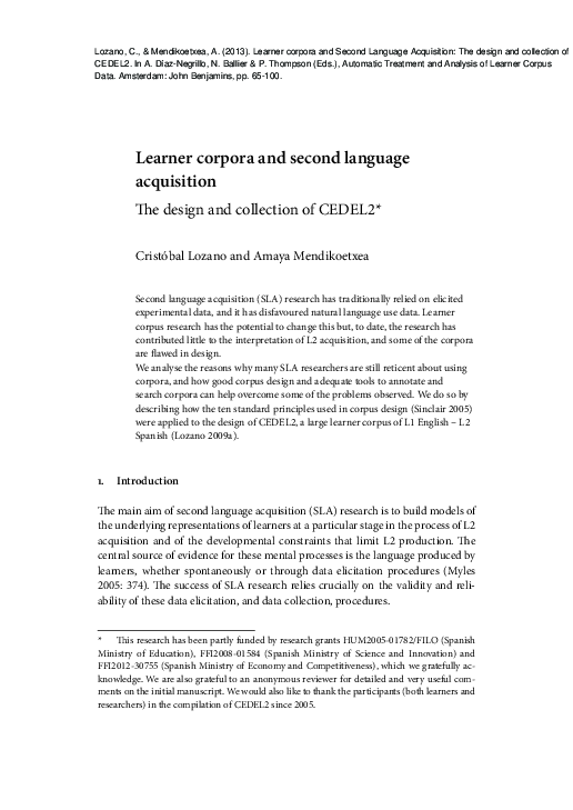 (PDF) Learner corpora and second language acquisition