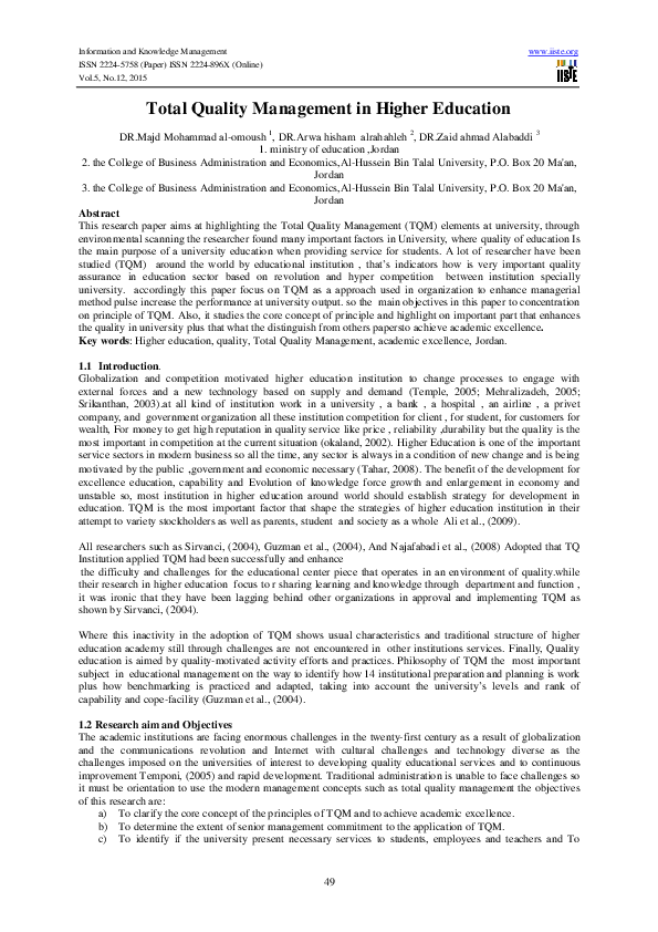 (PDF) Total quality management in higher education