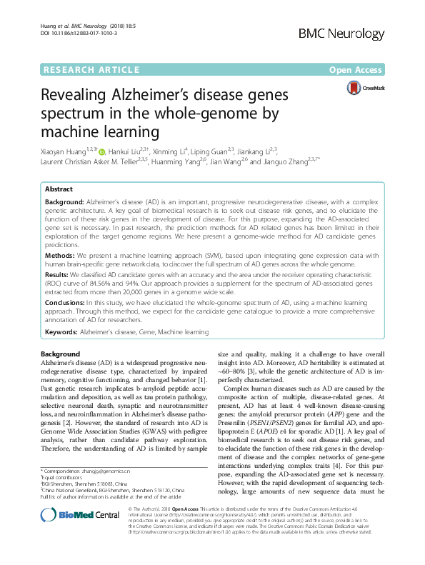 (PDF) Revealing Alzheimer's disease genes spectrum in the whole-genome by machine learning ...