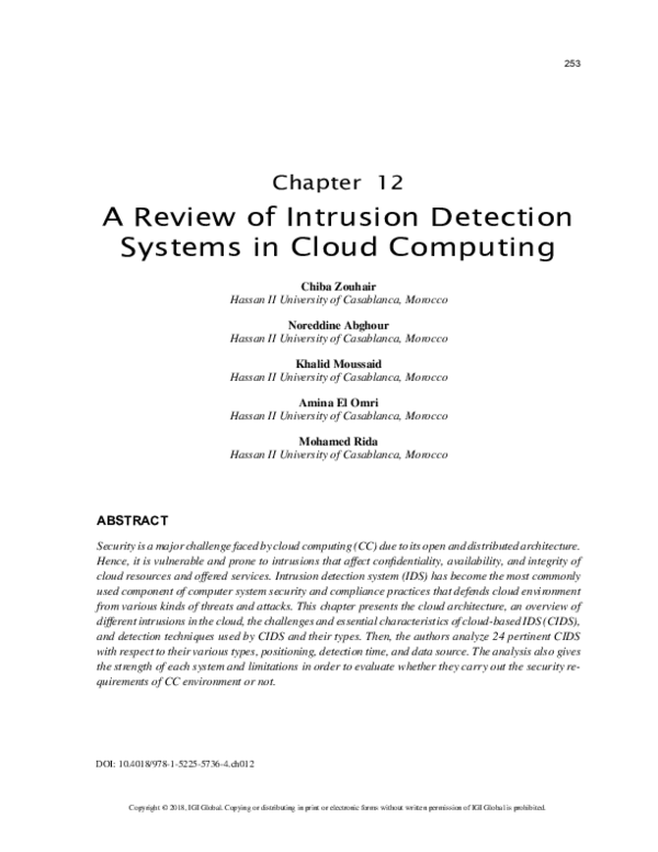 Pdf A Review Of Intrusion Detection Systems In Cloud Computing