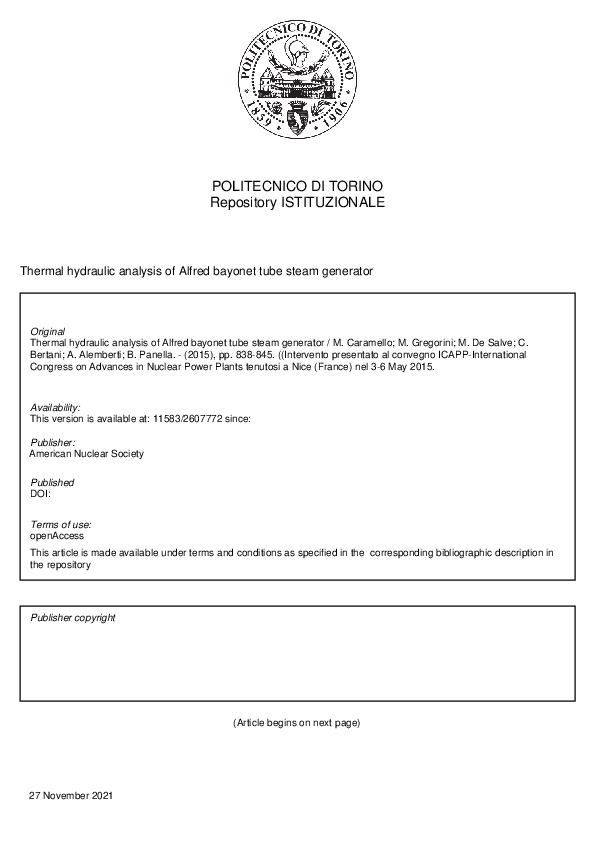 (PDF) Thermal hydraulic analysis of Alfred bayonet tube steam generator