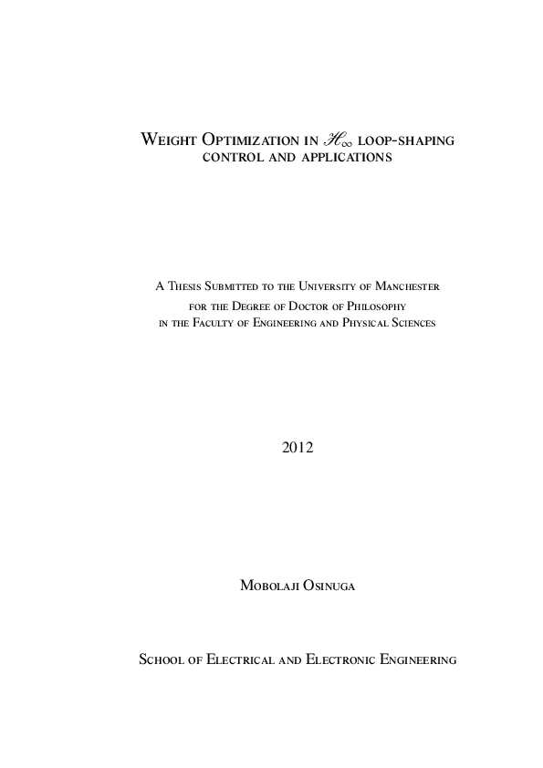 Pdf Weight Optimization In H∞ Loop Shaping Control And Applications