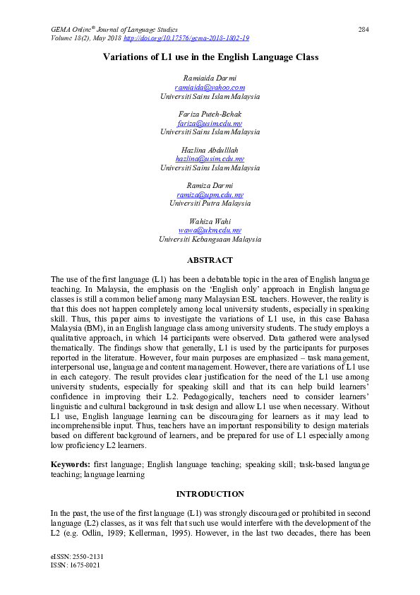 (PDF) Variations of L1 use in the English Language Class