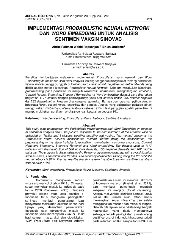 (PDF) Implementasi Probabilistic Neural Network Dan Word Embedding Untuk Analisis Sentimen ...