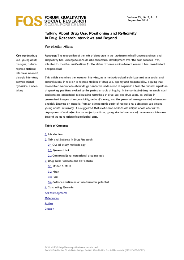 (PDF) Talking About Drug Use: Positioning and Reflexivity in Drug ...