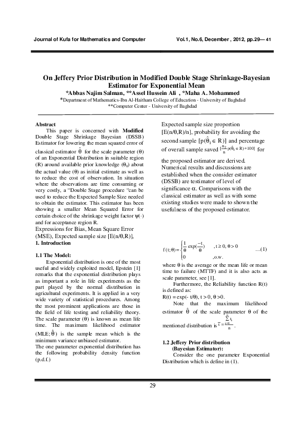 (PDF) On Jeffery Prior Distribution in Modified Double Stage Shrinkage-Bayesian Estimator for ...