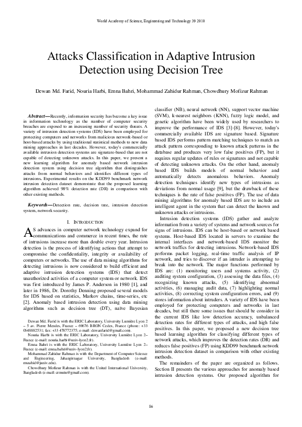 Pdf Attacks Classification In Adaptive Intrusion Detection Using Decision Tree