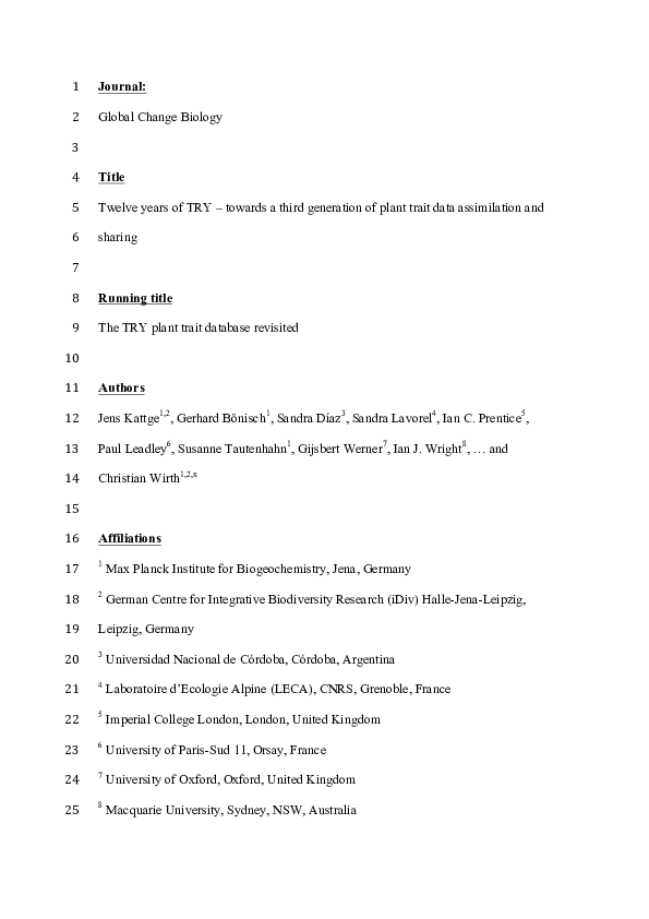 (PDF) TRY plant trait database – enhanced coverage and open access