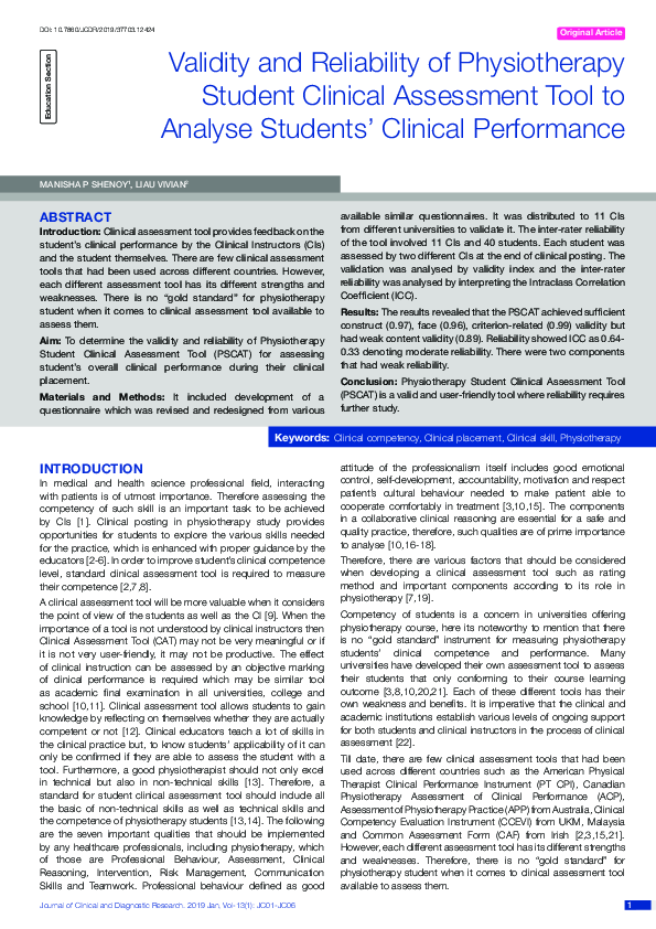 (PDF) Validity and Reliability of Physiotherapy Student Clinical ...
