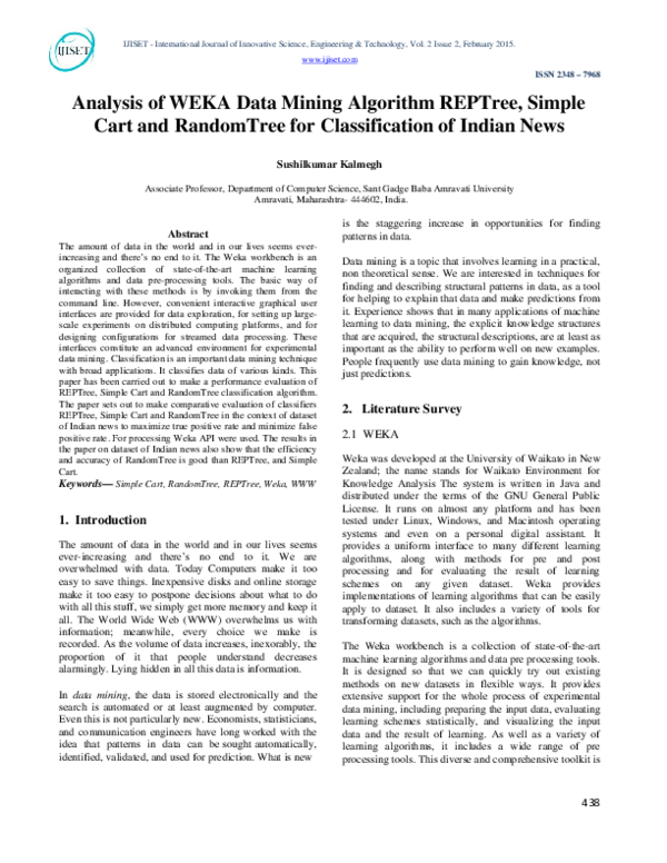 Pdf Analysis Of Weka Data Mining Algorithm Reptree Simple Cart And Randomtree For 6149