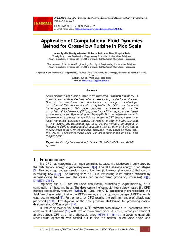 (PDF) Application of Computational Fluid Dynamics Method for Cross-flow Turbine in Pico Scale ...