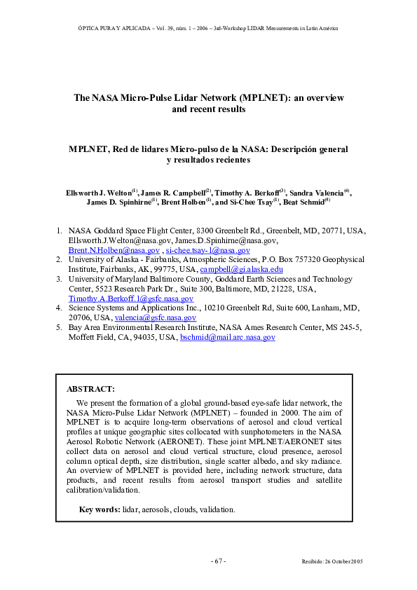 (PDF) Micro-Pulse Lidar Network ( MPLNET ) : an overview and recent ...