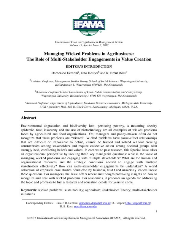 (PDF) Managing Wicked Problems in Agribusiness: The Role of Multi ...