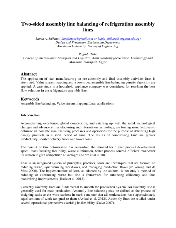 (PDF) Two-sided assembly line balancing of refrigeration assembly lines