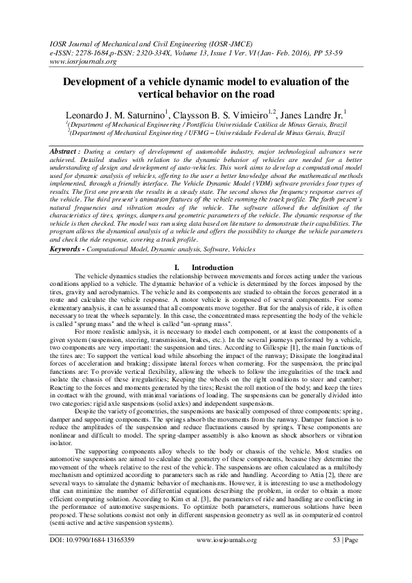 (PDF) Development of a vehicle dynamic model to evaluation of the ...
