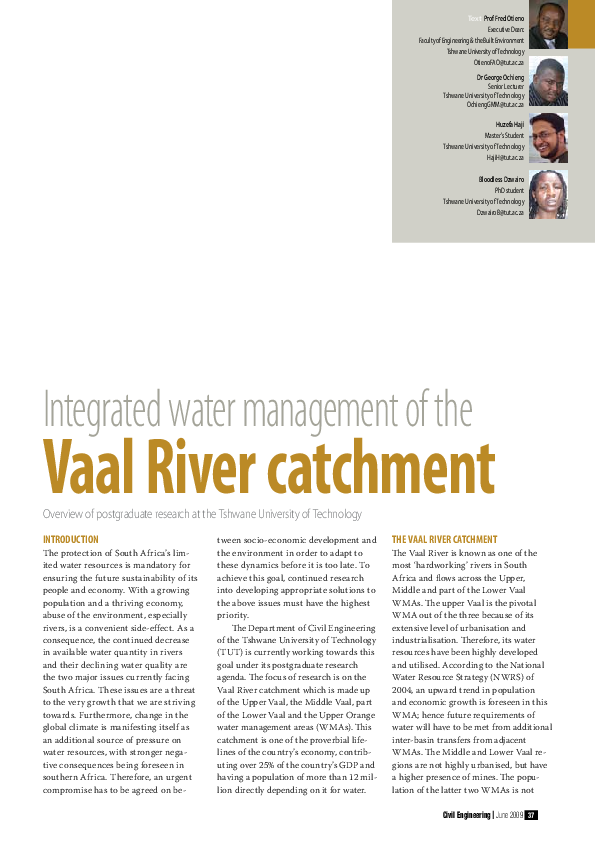 (PDF) Integrated water management of the Vaal River catchment Overview