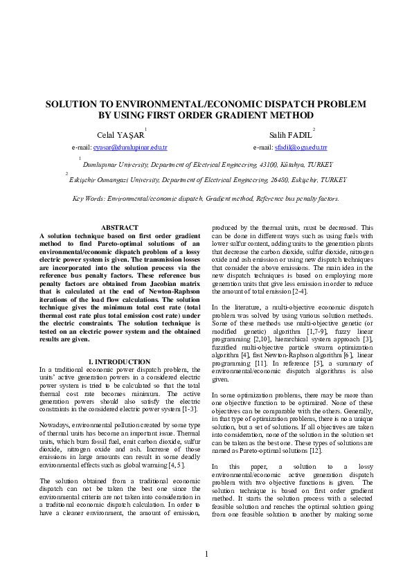 (PDF) 1 Solution to Environmental/Economic Dispatch Problem by Using First Order Gradient Method