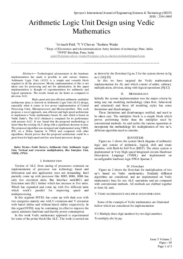 (PDF) Arithmetic Logic Unit Design using Vedic Mathematics