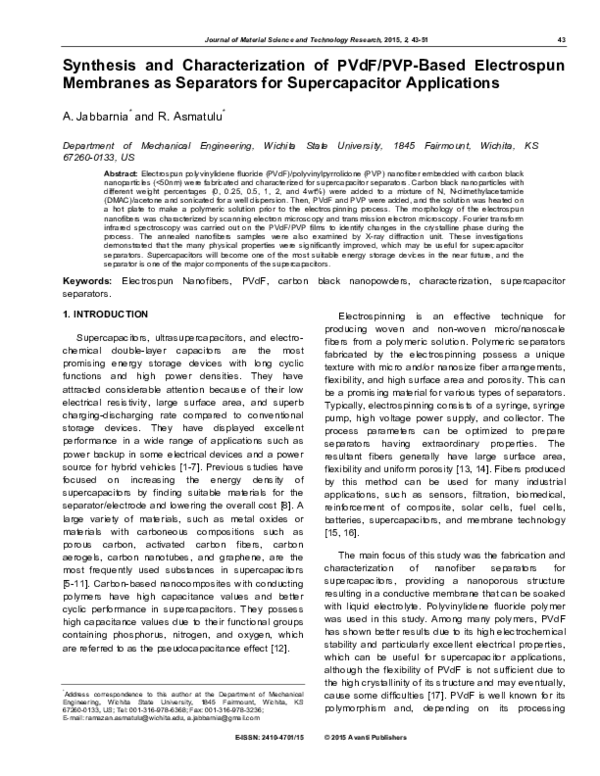 (PDF) Synthesis and Characterization of PVdF/PVP-Based Electrospun Membranes as Separators for ...