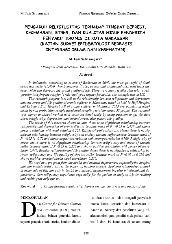 (PDF) Pengaruh Religiusitas Terhadap Tingkat Depresi, Kecemasan, Stres, Dan Kualitas Hidup ...