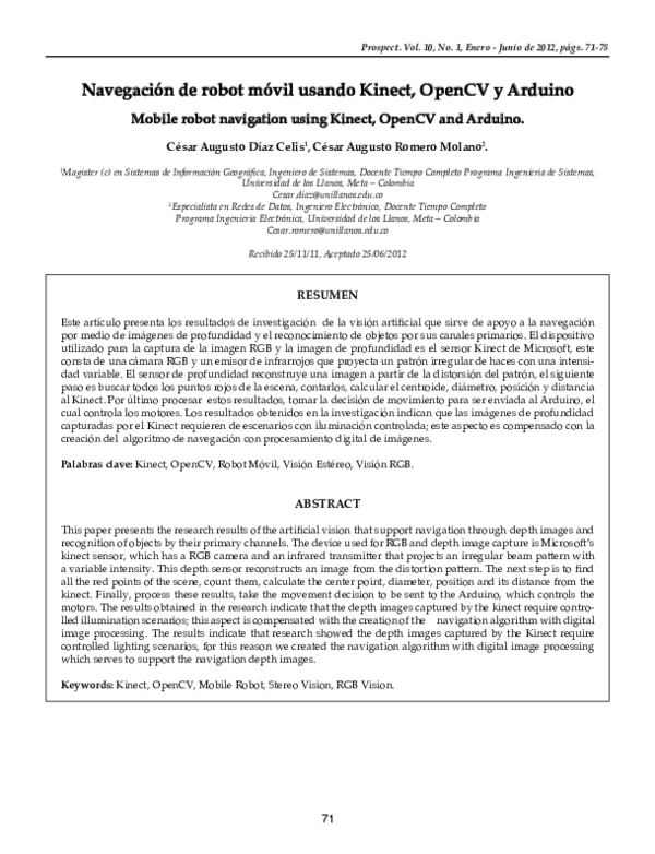 (PDF) Navegación de robot móvil usando Kinect, OpenCV y Arduino