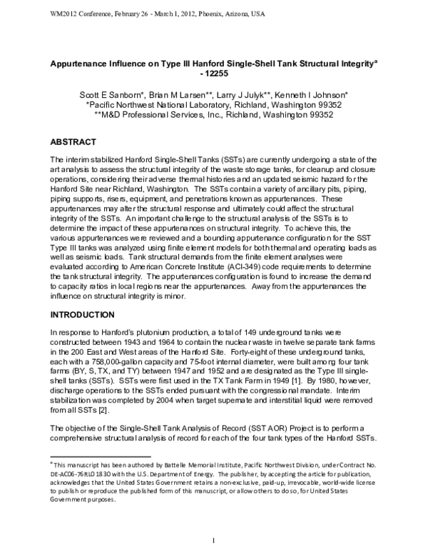 (PDF) Appurtenance Influence on Type III Hanford Single-Shell Tank ...