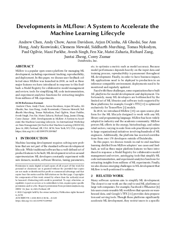 (PDF) Developments in MLflow: A System to Accelerate the Machine Learning Lifecycle