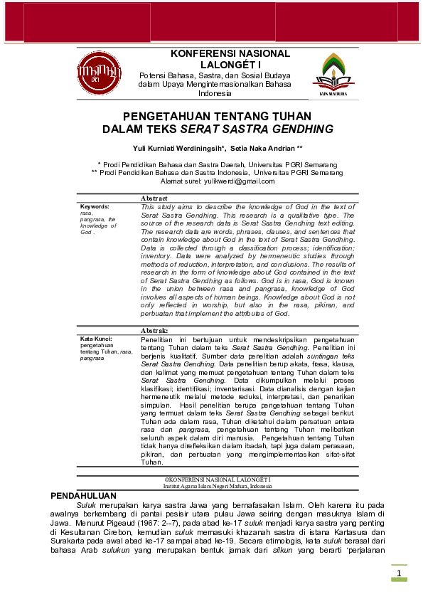 (DOC) Pengetahuan Tentang Tuhan Dalam Teks Serat Sastra Gendhing