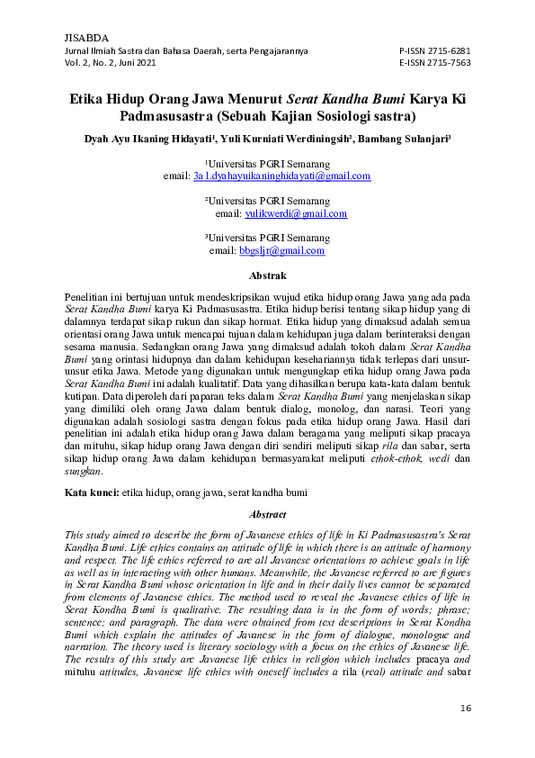 (PDF) Etika Hidup Orang Jawa Menurut Serat Kandha Bumi Karya Ki ...