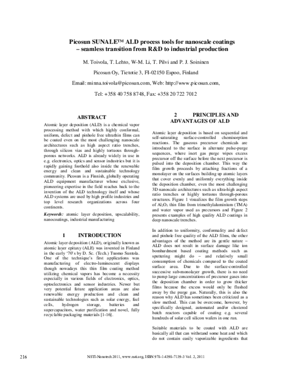 (PDF) Picosun SUNALE™ ALD process tools for nanoscale coatings – seamless transition from R&D to ...