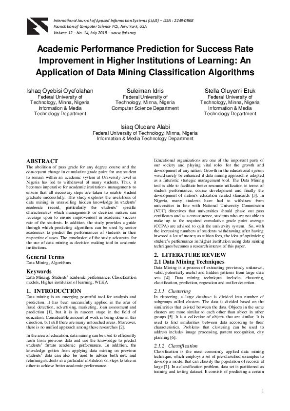 (PDF) Academic Performance Prediction for Success Rate Improvement in Higher Institutions of ...