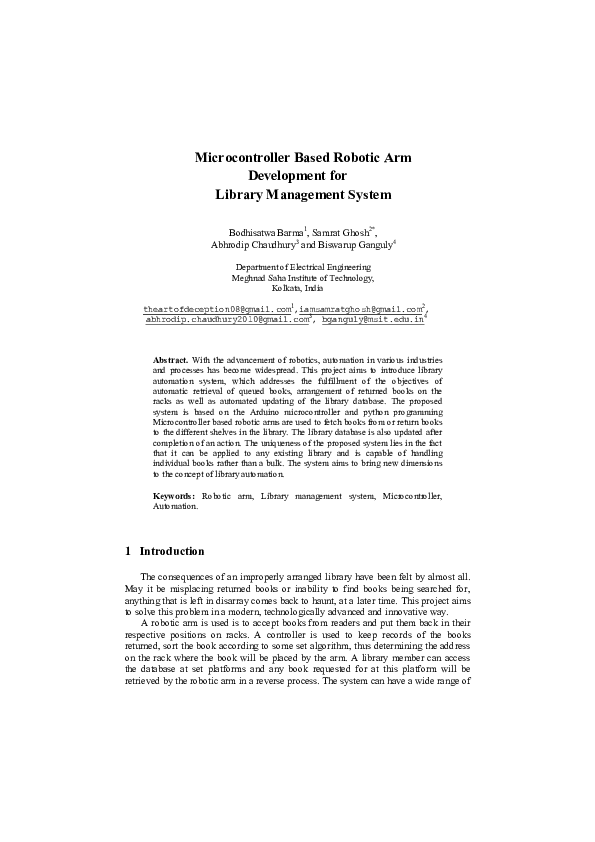 (PDF) Microcontroller Based Robotic Arm Development for Library Management System