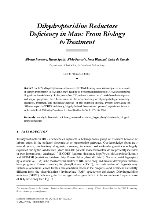 (PDF) Dihydropteridine reductase deficiency in man: From biology to ...