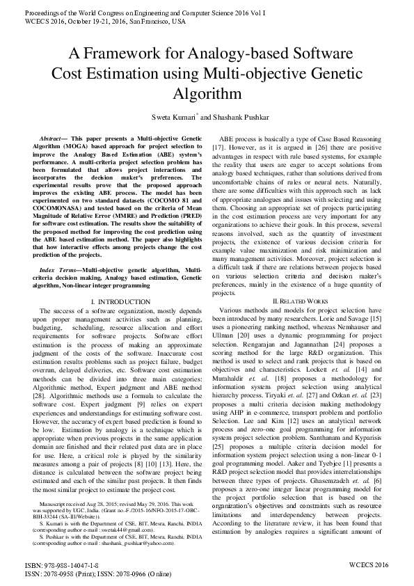 (PDF) A Framework for Analogy-based Software Cost Estimation using Multi-objective Genetic Algorithm