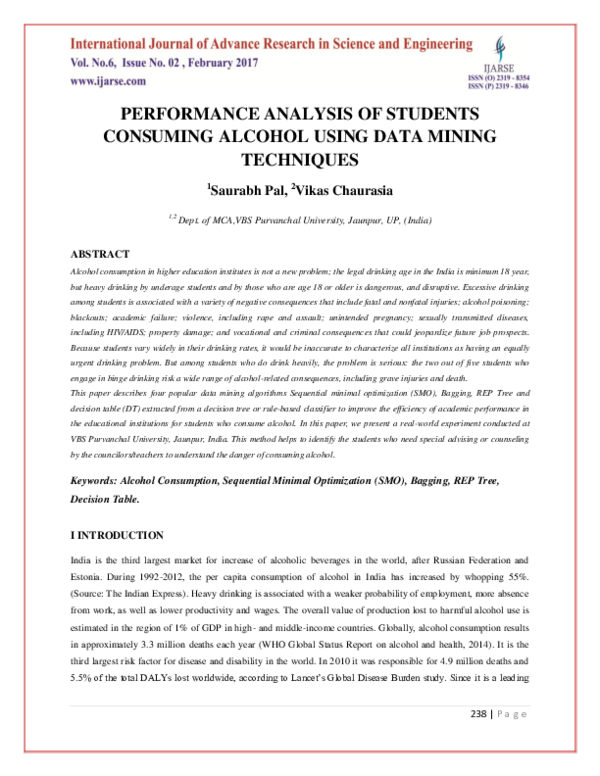 (PDF) Performance Analysis of Students Consuming Alcohol Using Data Mining Techniques