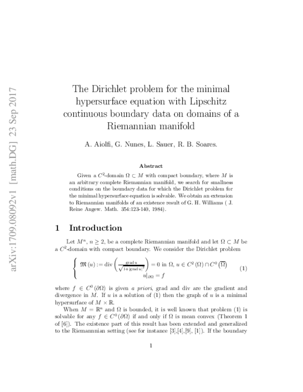 (PDF) The Dirichlet problem for the minimal hypersurface equation with Lipschitz continuous ...
