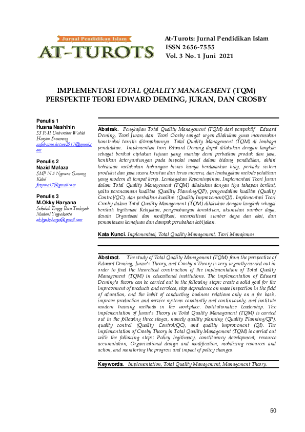 (PDF) Implementasi Total Quality Management (TQM) Perspektif Teori ...