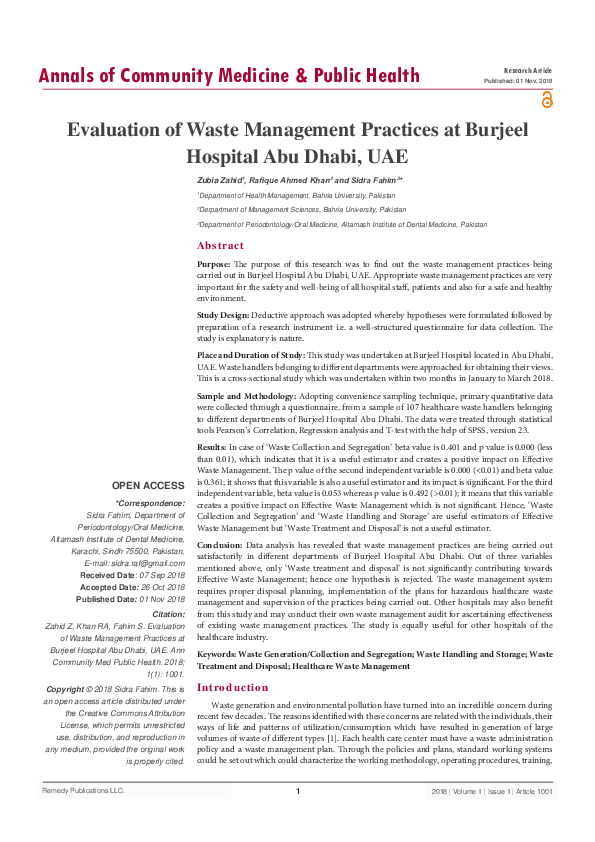 (PDF) Evaluation of Waste Management Practices at Burjeel Hospital Abu ...