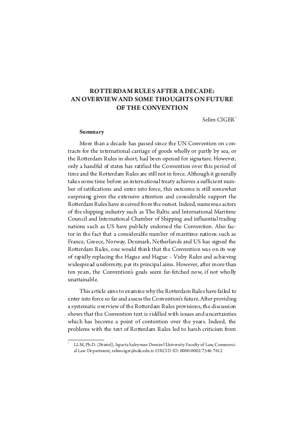 (PDF) ROTTERDAM RULES AFTER A DECADE: AN OVERVIEW AND SOME THOUGHTS ON ...