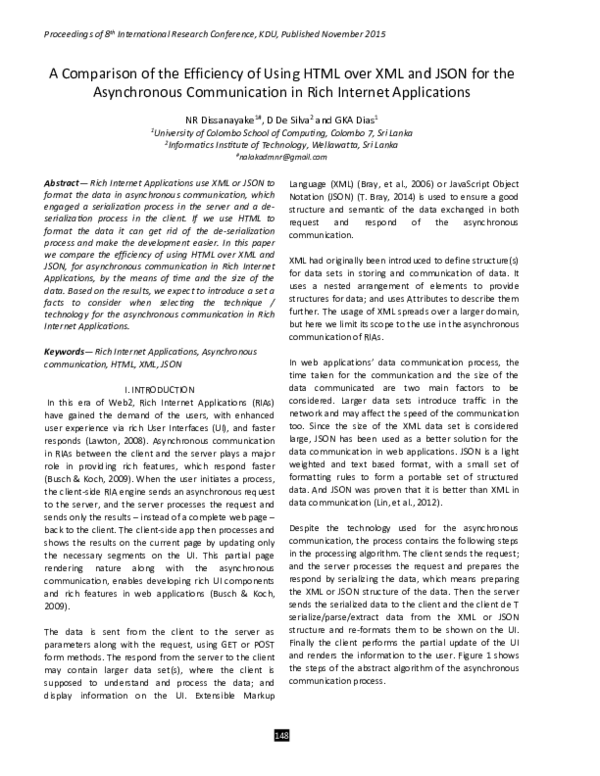 Pdf A Comparison Of The Efficiency Of Using Html Over Xml And Json For The Asynchronous