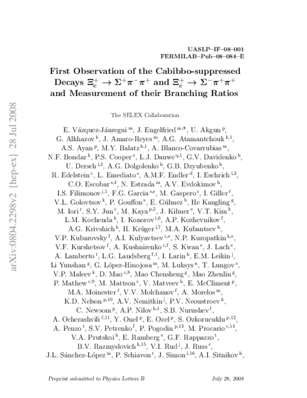 (PDF) First Observation of the Cabibbo-suppressed Decays Xi+(c) ---> Sigma+ pi- pi+ and Xi+(c ...