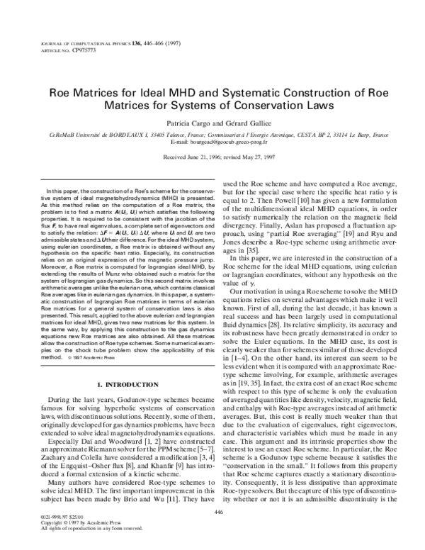 (PDF) Roe matrices for ideal MHD and systematic construction of Roe ...