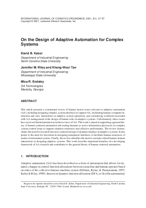 (PDF) On the Design of Adaptive Automation for Complex Systems | David ...